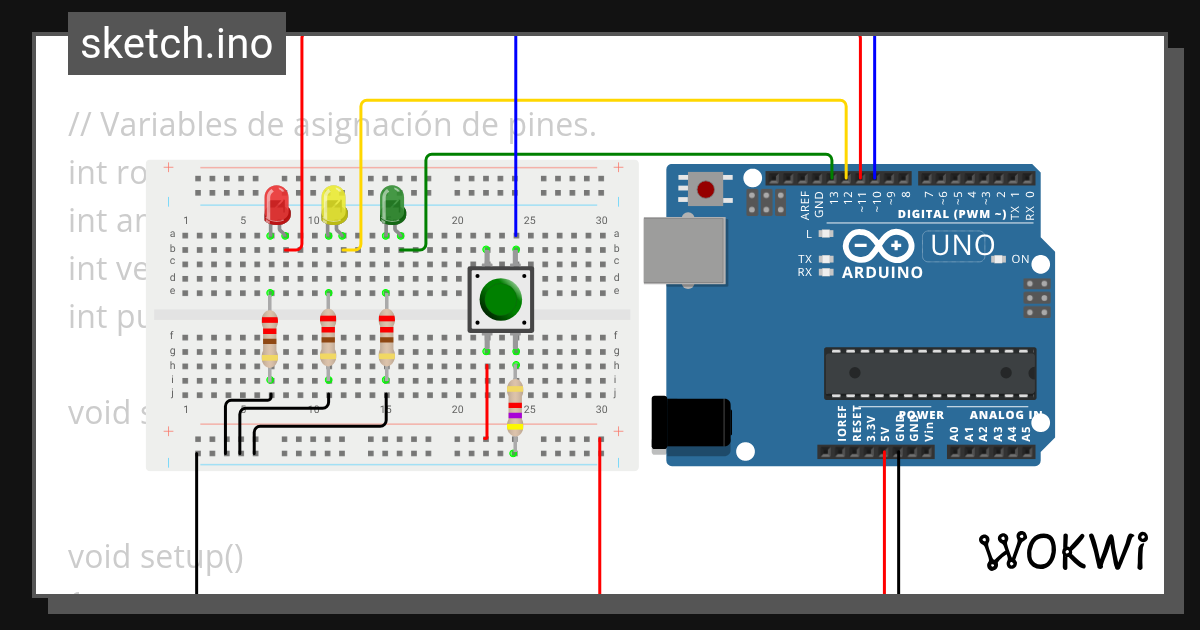 Semáforo con pulsador de peatón con funciones - Wokwi ESP32, STM32, Arduino Simulator