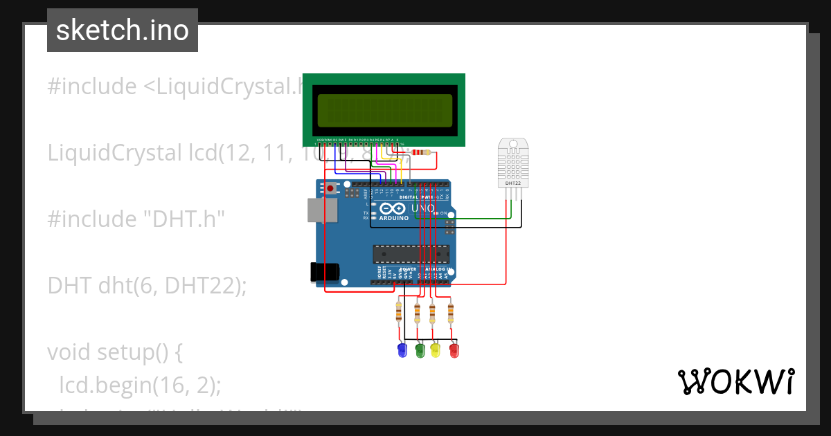 DHT22 + LCD Copy + LEDs - Wokwi ESP32, STM32, Arduino Simulator