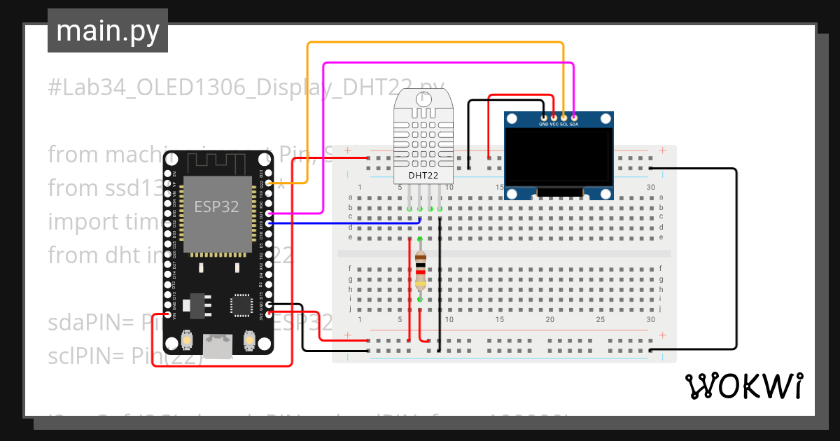 Lab34_OLED1306_Display_DHT22 - Wokwi ESP32, STM32, Arduino Simulator