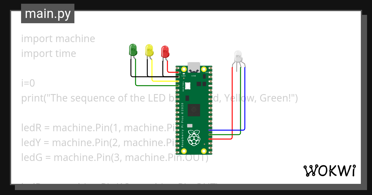 Q Pico ext 3LED+RGBLED blink micropython (4A13) - Wokwi ESP32, STM32 ...