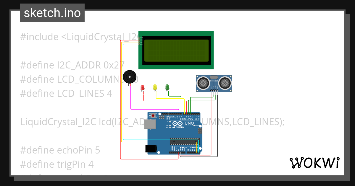 Modif dari latihan detektor banjir dengan LED + buzzer + LCD - Wokwi ESP32, STM32, Arduino Simulator