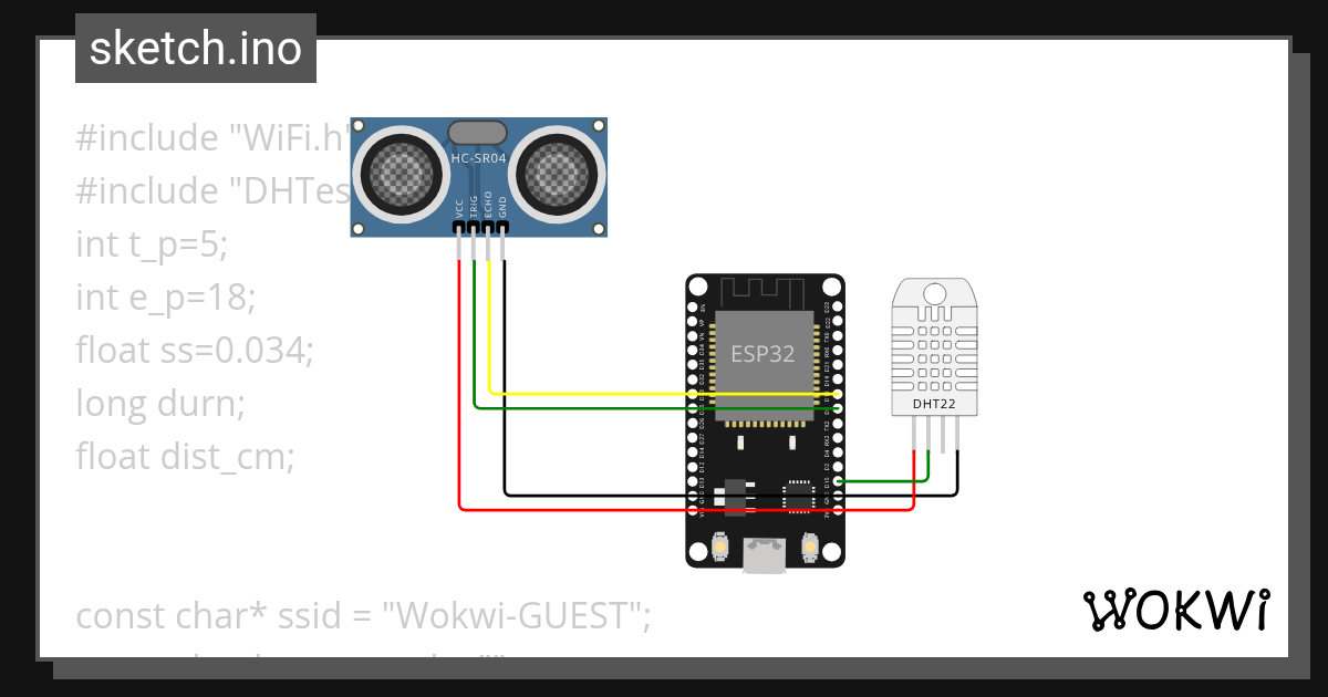 Ultrasonic + DHT22 (ANDI LOROK) - Wokwi ESP32, STM32, Arduino Simulator