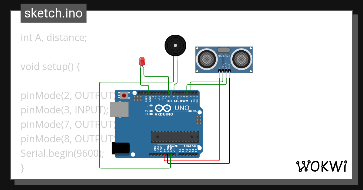 15/6 LED + Buzzer + Distance sensor - Wokwi ESP32, STM32, Arduino Simulator