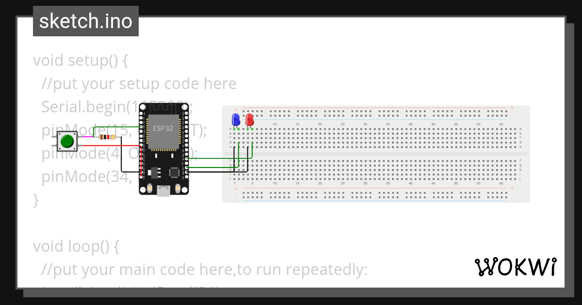 2 LED*loop + Batton - Wokwi ESP32, STM32, Arduino Simulator