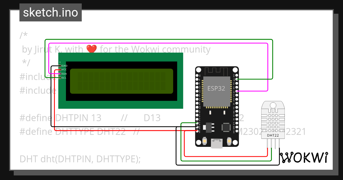 ESP32_DHT22_1602(I2C)BlinknScroll - Wokwi ESP32, STM32, Arduino Simulator
