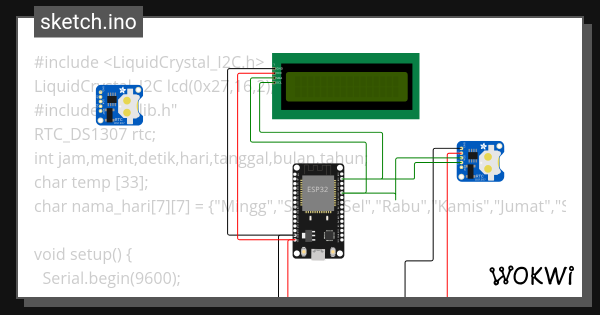 lcd dan modul rtcDS1307 waktu otomatis - Wokwi ESP32, STM32, Arduino Simulator
