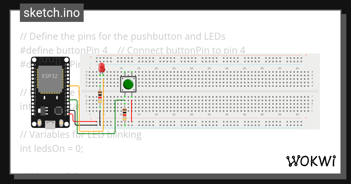 1 Pushbutton 1 Led blinking BAGSIT - Wokwi ESP32, STM32, Arduino Simulator