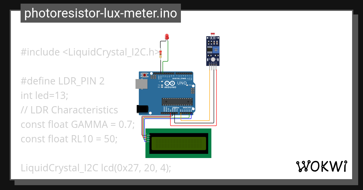 16_Lux in LCD, LED with LDR Copy - Wokwi ESP32, STM32, Arduino Simulator