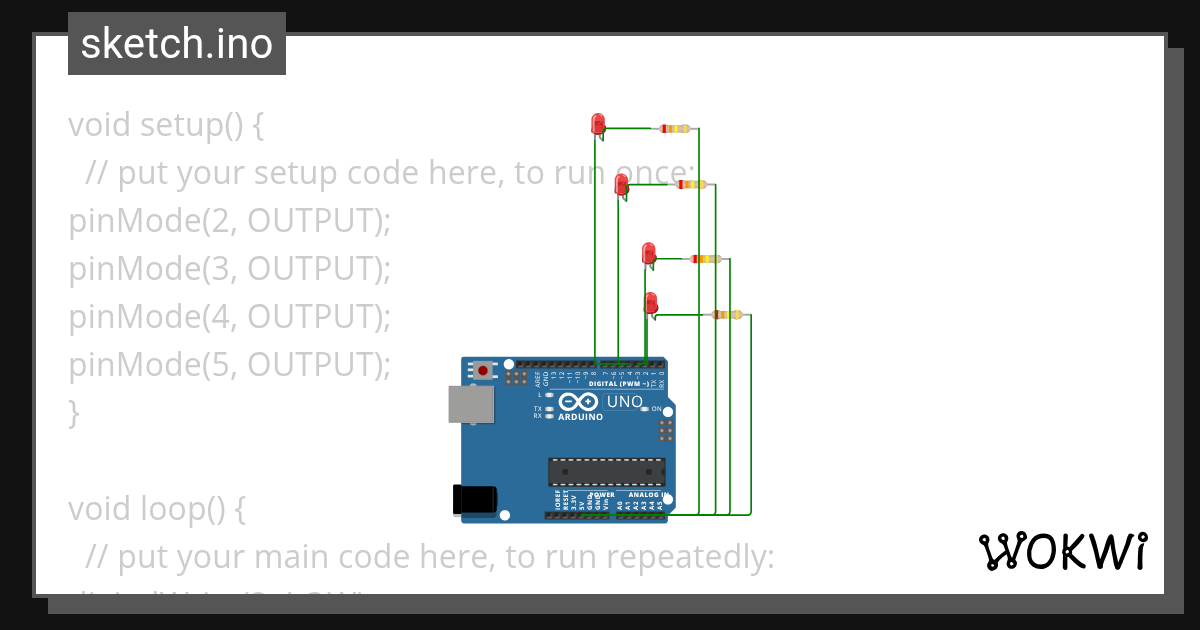 LED berkedip berjalan - Wokwi ESP32, STM32, Arduino Simulator