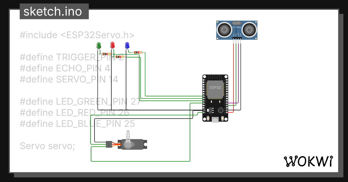3 LED AND ULTRASONIC AND SERVO - Wokwi ESP32, STM32, Arduino Simulator