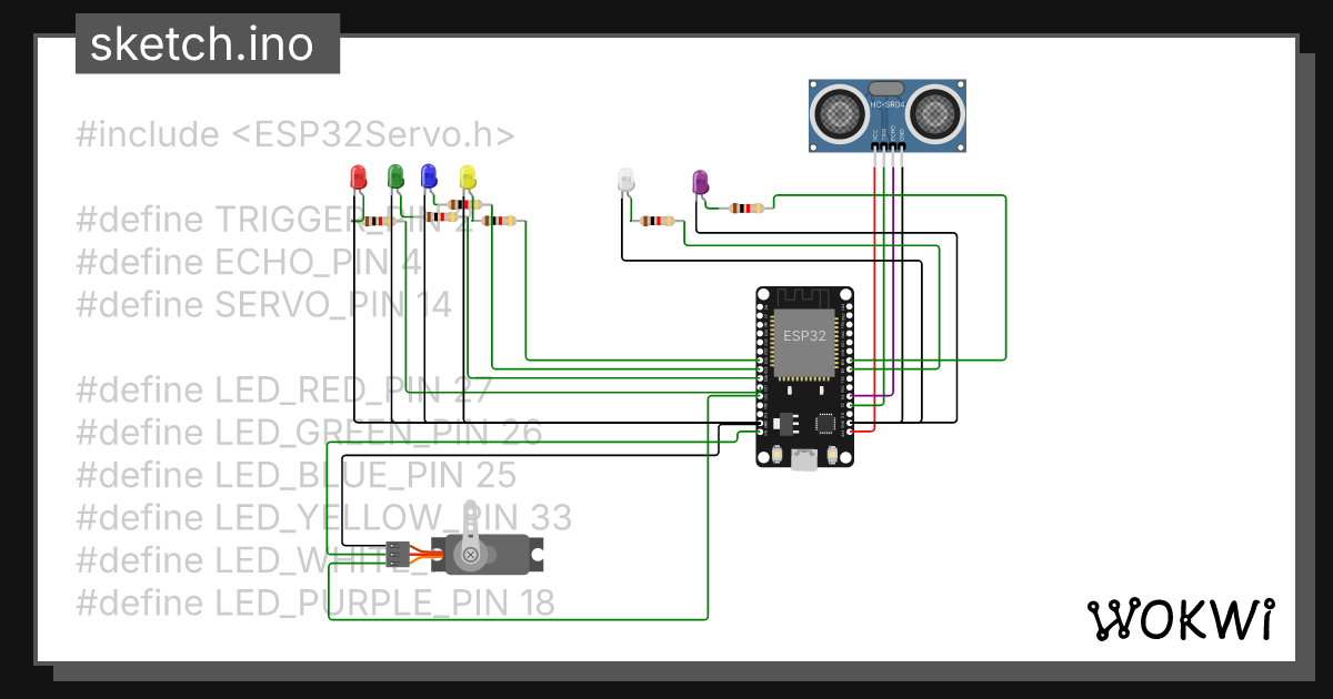 6 LED AND ULTRASONIC AND SERVO - Wokwi ESP32, STM32, Arduino Simulator