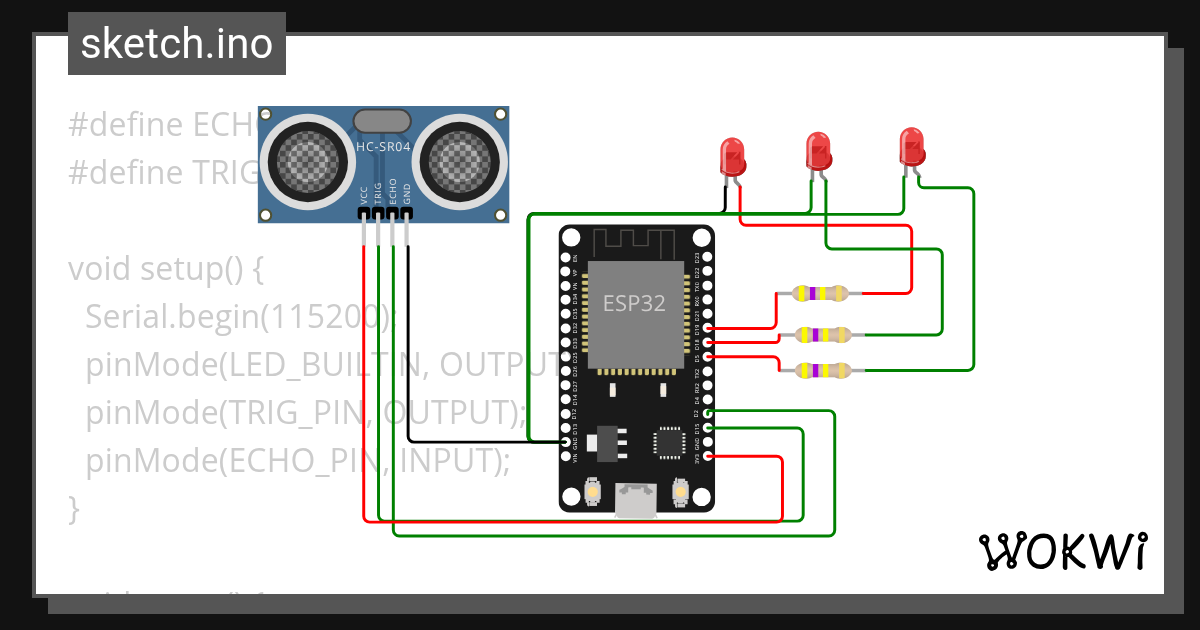 pengukuran jarak dengan indikator led - Wokwi ESP32, STM32, Arduino Simulator