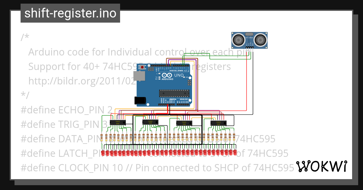 simulasi arduino with ic 74hc595,sensor ultrasonik menyalakan lampu sesuai jarak - Wokwi ESP32 ...