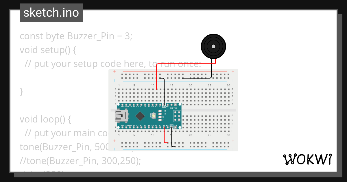 first test on buzzer(sounder) - Wokwi ESP32, STM32, Arduino Simulator