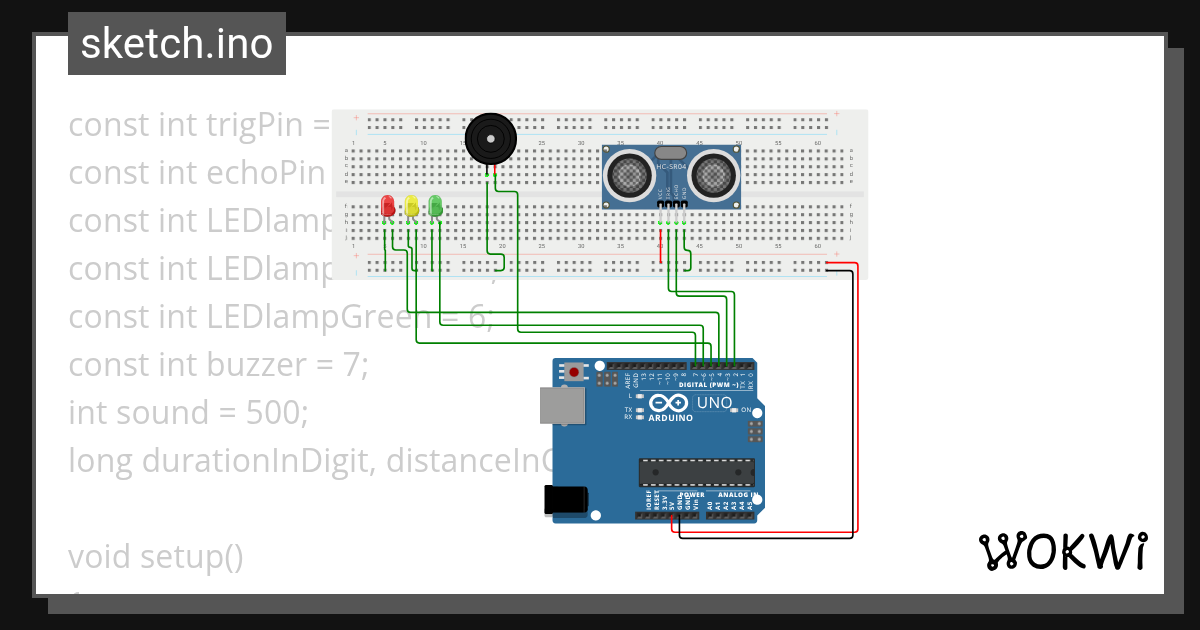 ultrasonic with buzzzer and leds - Wokwi ESP32, STM32, Arduino Simulator