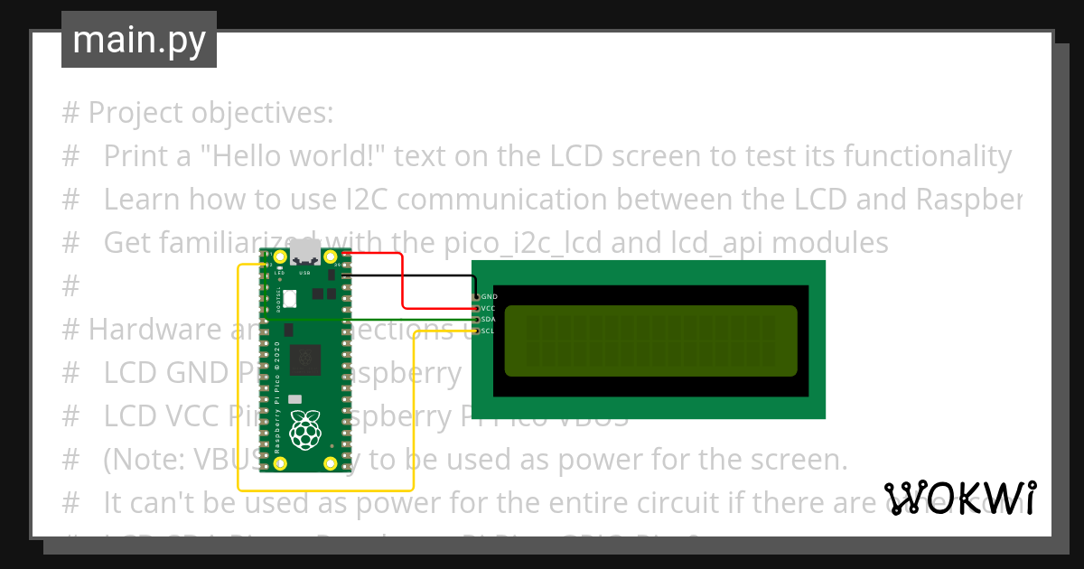 Raspberry Pi Pico LCD I2C Hello World Copy - Wokwi ESP32, STM32, Arduino Simulator