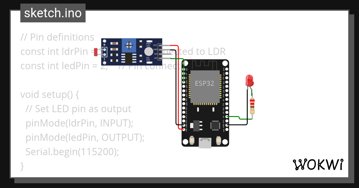 LDR Interface with ESP32 - Wokwi ESP32, STM32, Arduino Simulator