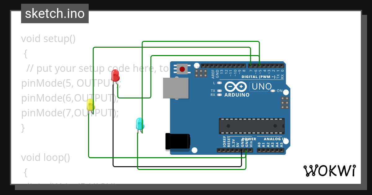 3 LED ON-OFF(BLINK) - Wokwi ESP32, STM32, Arduino Simulator