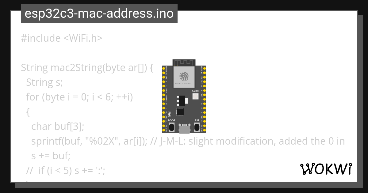 esp32c3-mac2string.ino - Wokwi ESP32, STM32, Arduino Simulator
