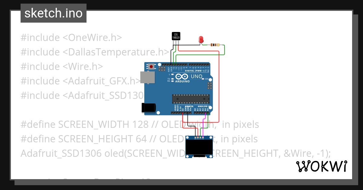 DS 18B20 + OLED - Wokwi ESP32, STM32, Arduino Simulator