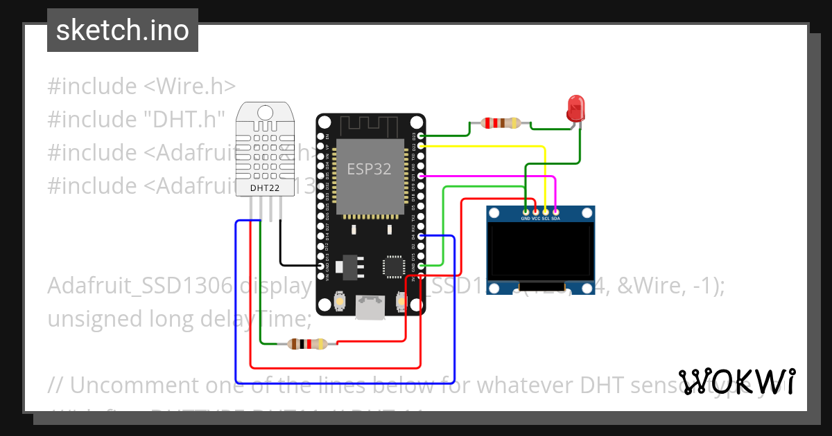 esp32-dht22-oled-LEDon - Wokwi ESP32, STM32, Arduino Simulator