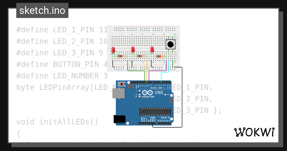 Three Blinking Led With Push Button Wokwi Esp32 Stm32 Arduino Simulator