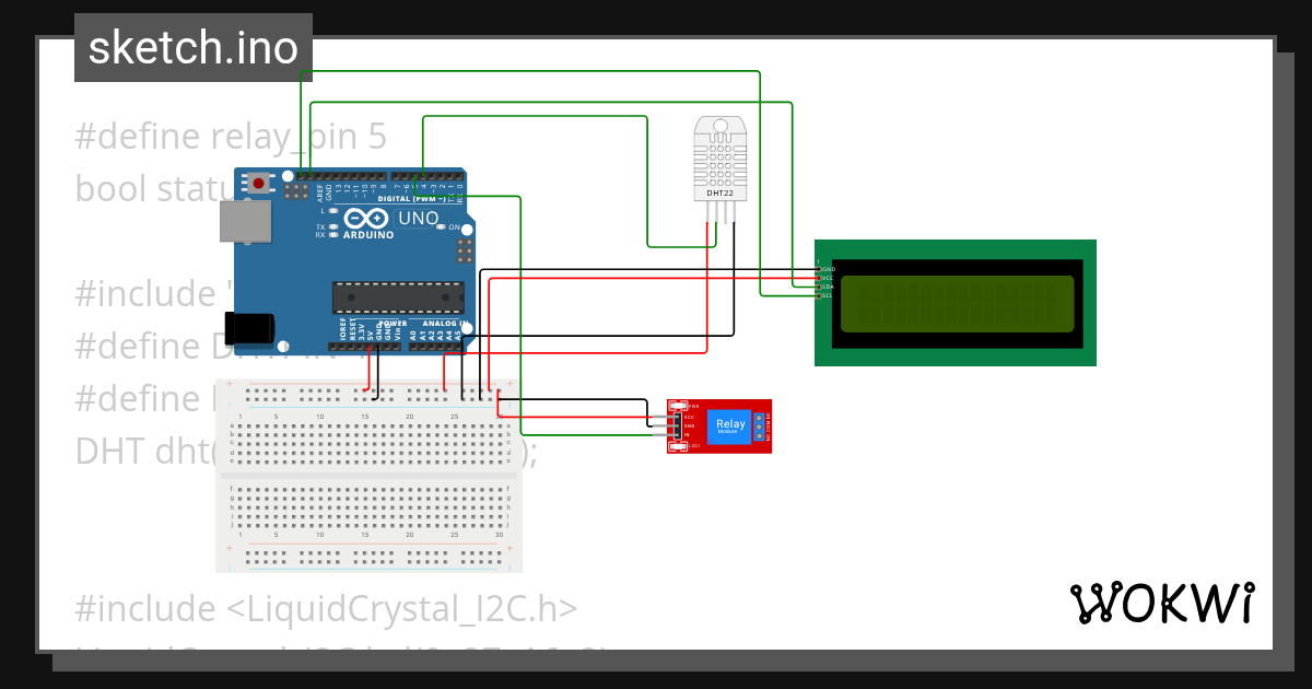 arduino + relay +dht22 dan LCd - Wokwi ESP32, STM32, Arduino Simulator