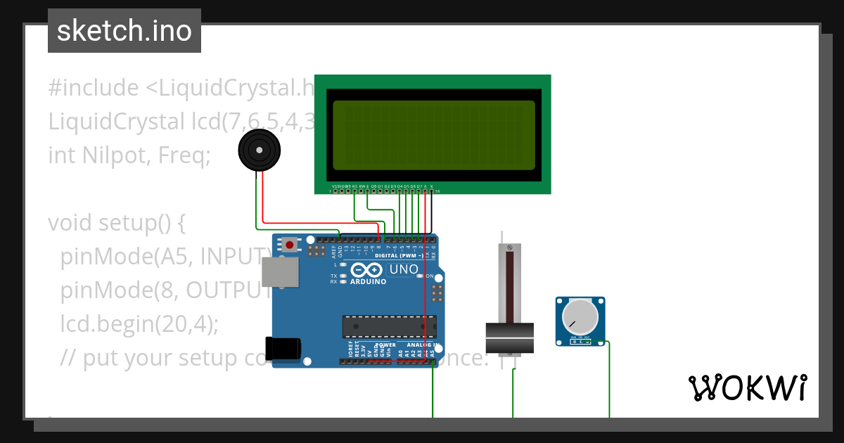 LCD20×4 POTENSIO + BUZER - Wokwi ESP32, STM32, Arduino Simulator