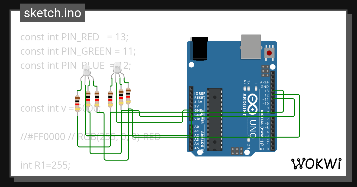 rgb led using arduino - Wokwi ESP32, STM32, Arduino Simulator