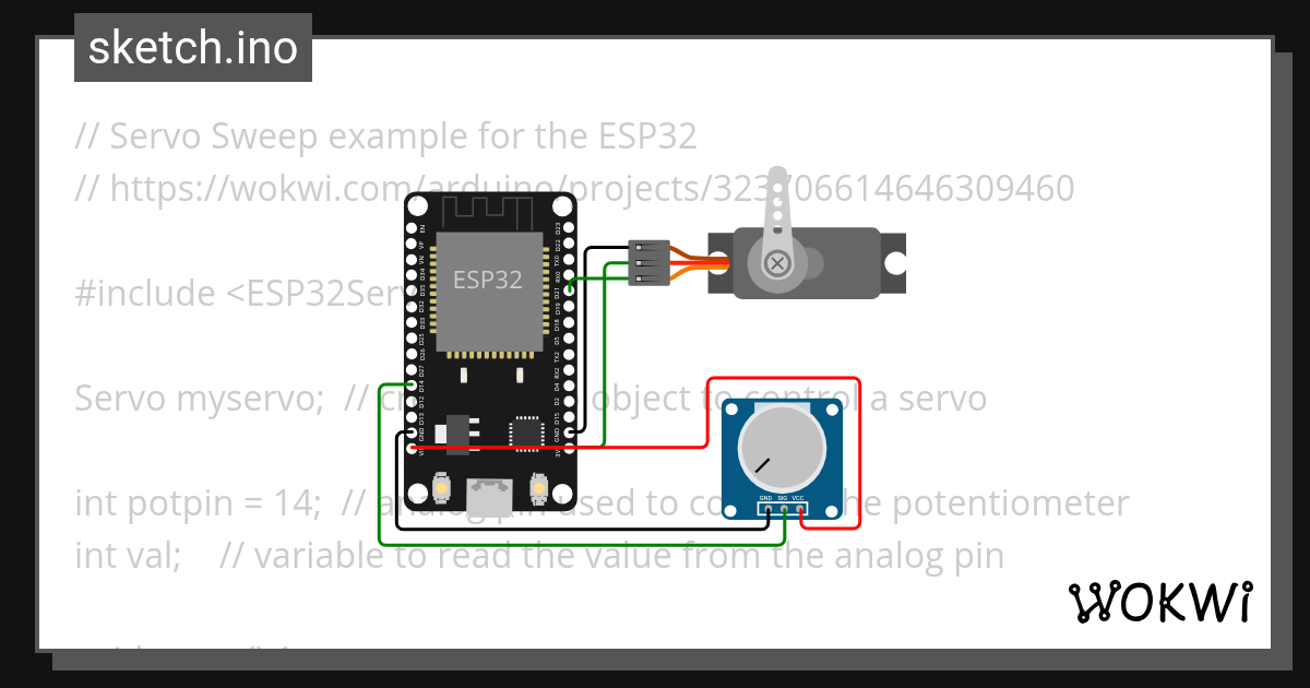 Poteci + servo + ESP32 - Wokwi ESP32, STM32, Arduino Simulator