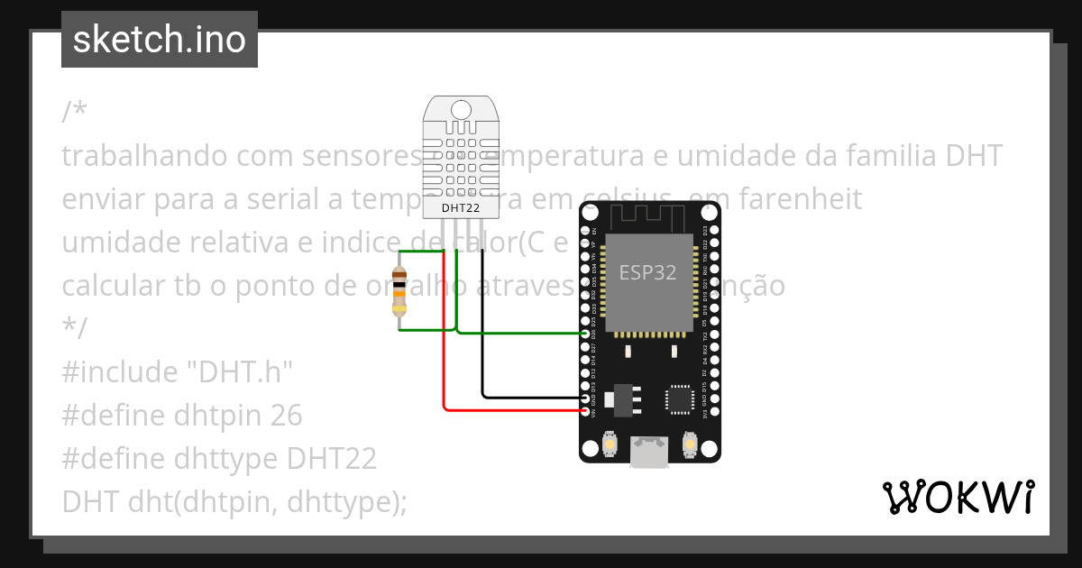 trabalhando com DHT22 - Wokwi ESP32, STM32, Arduino Simulator