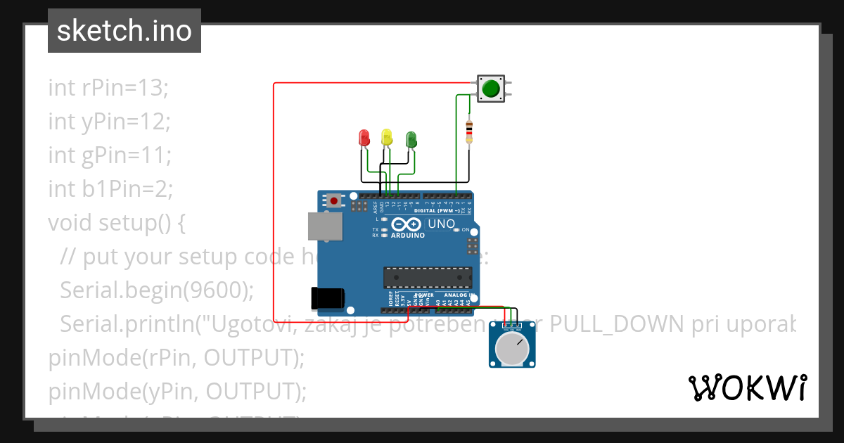 060 - Digitalni vhodi- tipka - semafor - Wokwi ESP32, STM32, Arduino Simulator