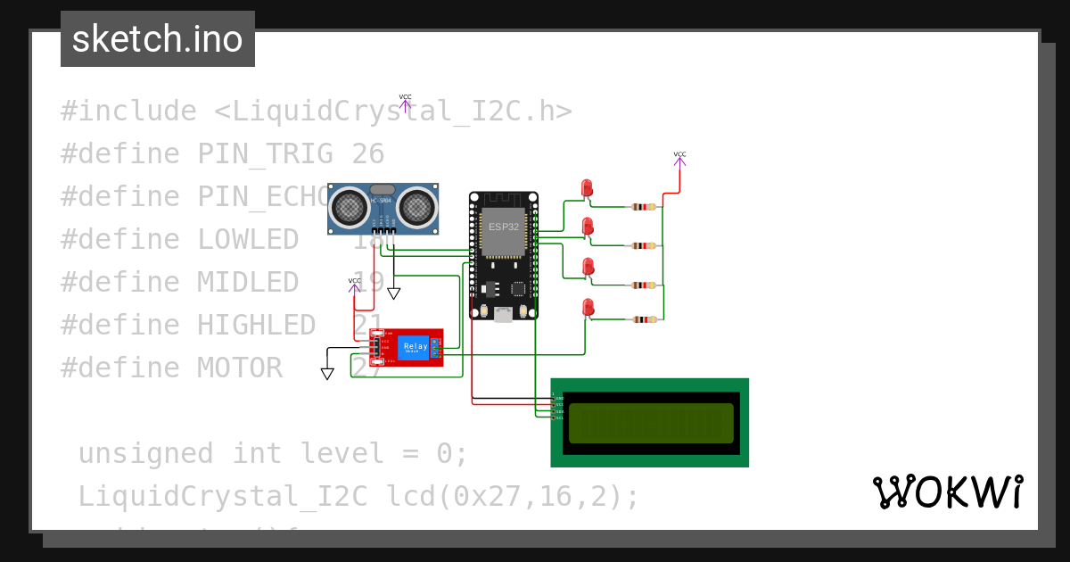 Water Level Controller Using Ultrasonic Sensor With Esp32 Connected To I2c Lcd Wokwi Esp32