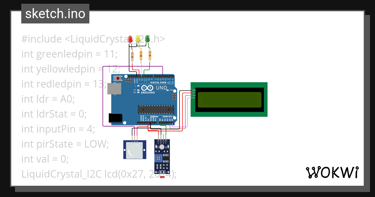 PIR LDR LCD - Wokwi ESP32, STM32, Arduino Simulator