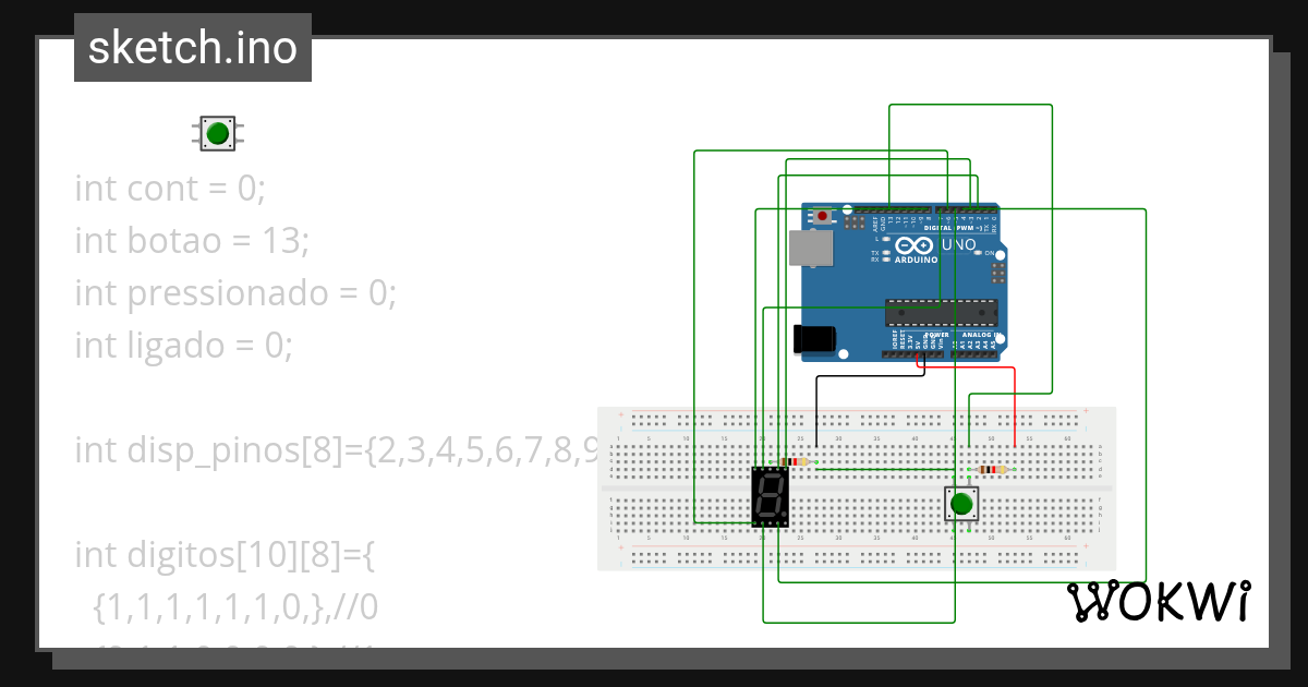 Código de mudar o numero apertando um botao - Wokwi ESP32, STM32, Arduino Simulator
