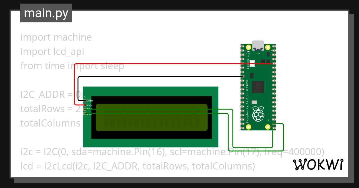 LCD i2c pi pico Print - Wokwi ESP32, STM32, Arduino Simulator