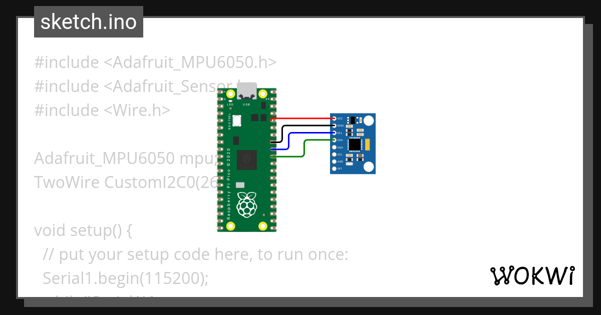 Acelerómetro MPU6050 por I2C - Raspberry Pi Pico - Wokwi ESP32, STM32, Arduino Simulator