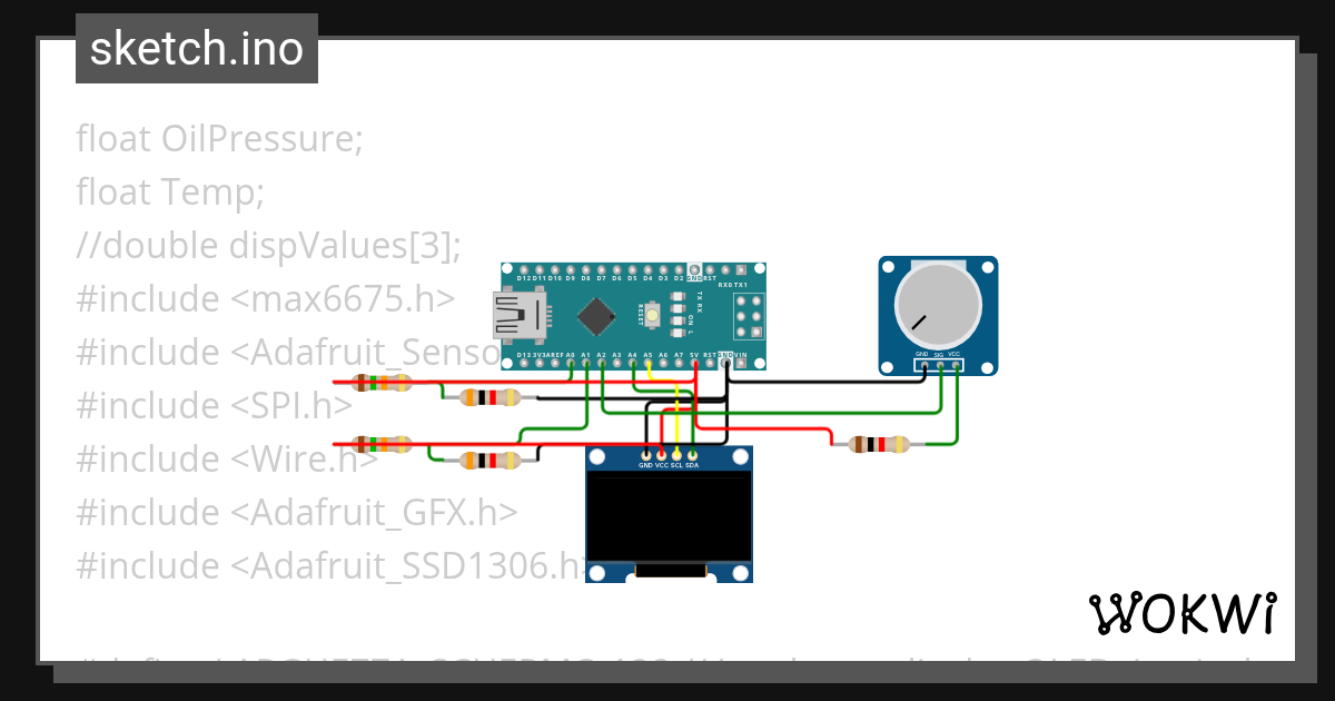 mod per sens press Oil Press - Temp - Volt - AFR - OLED Copy - Wokwi ESP32, STM32, Arduino Simulator