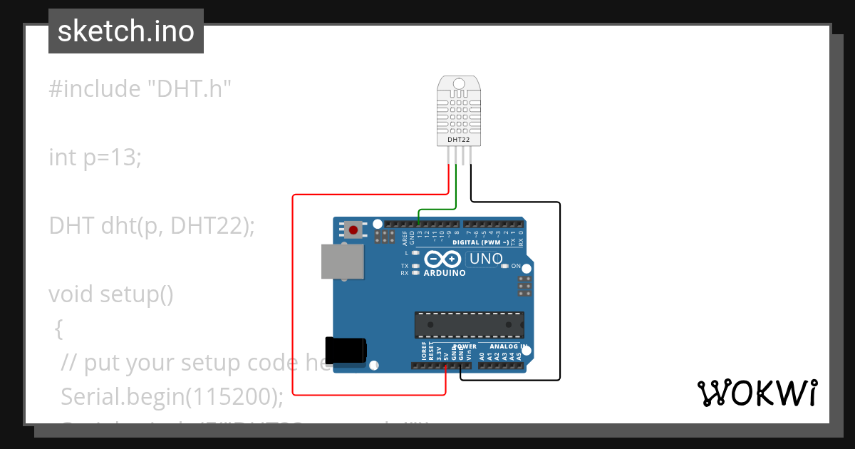 temp & humi on dht22 serial monitor - Wokwi ESP32, STM32, Arduino Simulator