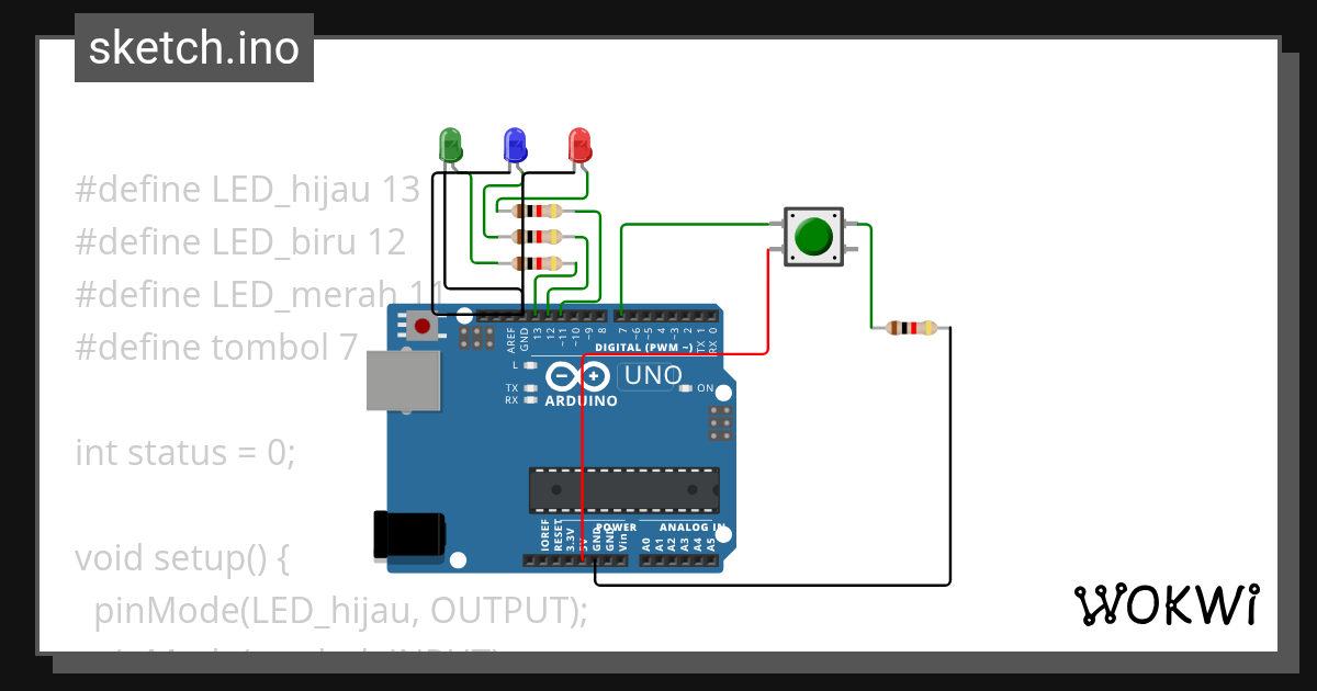 Project Push Button 3 LED - Wokwi ESP32, STM32, Arduino Simulator