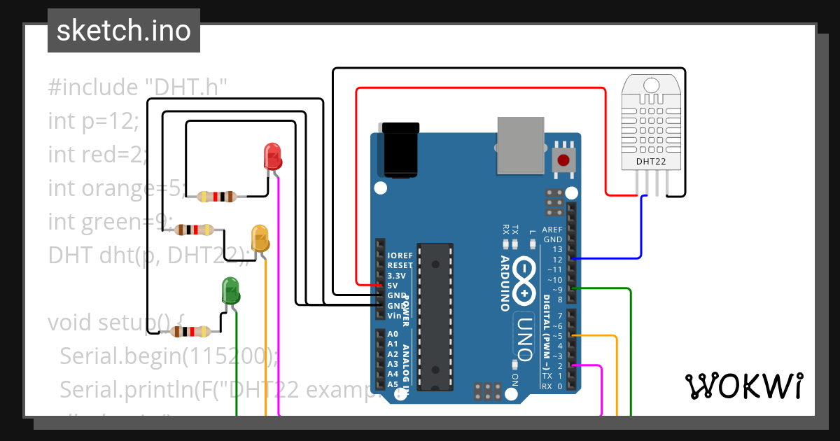 07_DHT22 with LEDs Copy - Wokwi ESP32, STM32, Arduino Simulator
