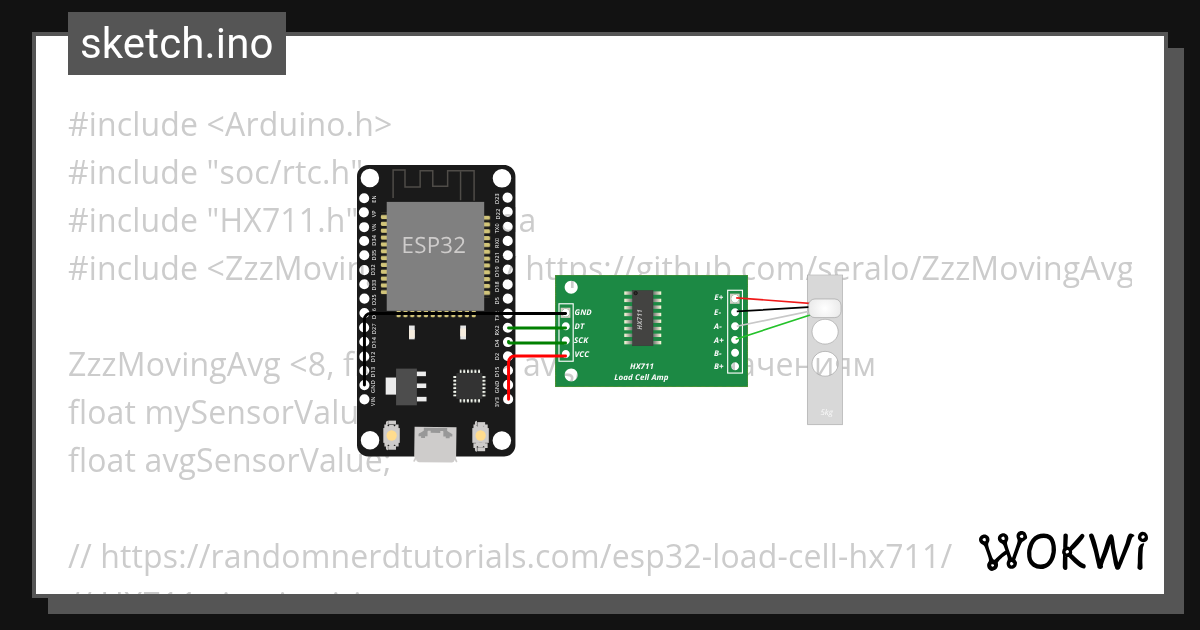 hx711esp32weightSimpleAndAverage - Wokwi ESP32, STM32, Arduino Simulator