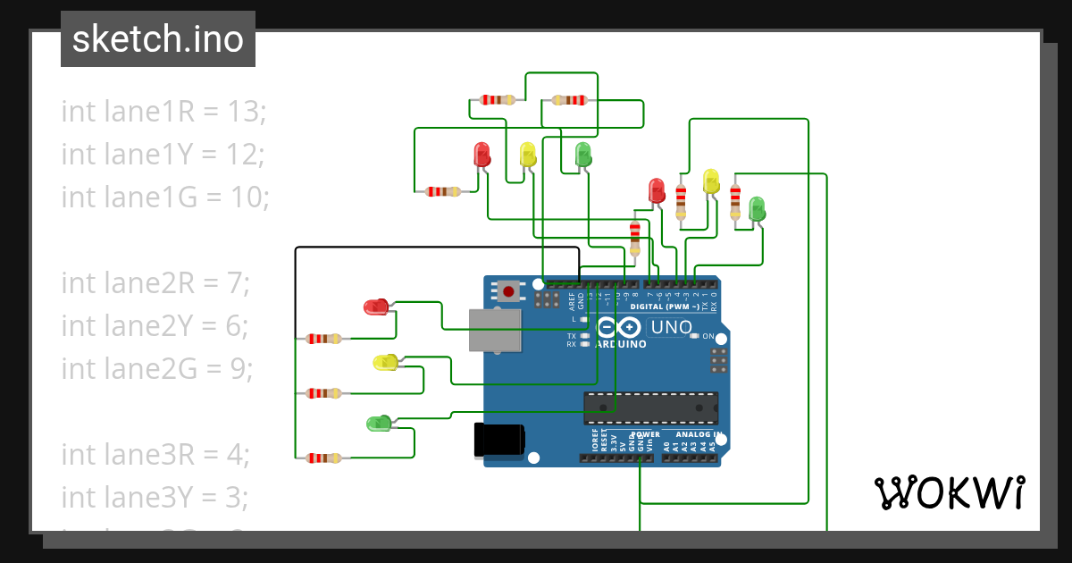 3 lanes traffic light - Wokwi ESP32, STM32, Arduino Simulator
