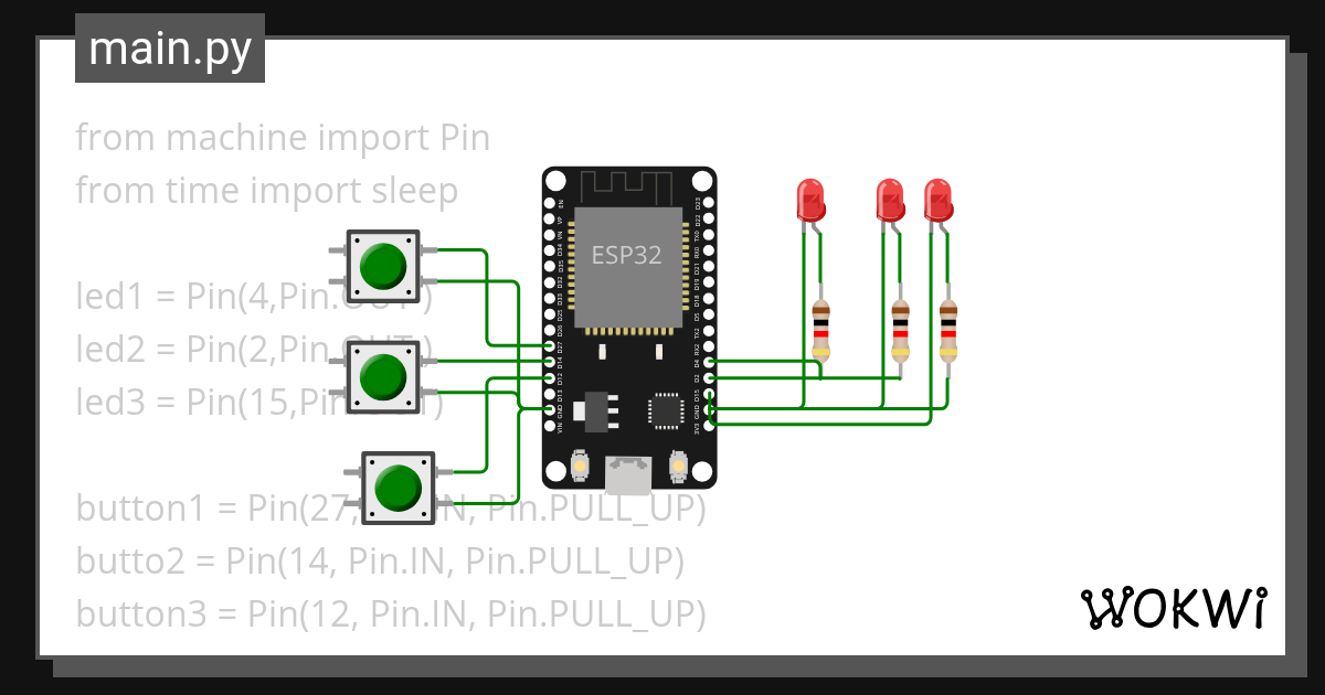 3 đèn 3 nút - Wokwi ESP32, STM32, Arduino Simulator