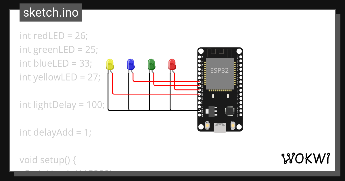 4 LED gradually increasing and decreasing loop - Wokwi ESP32, STM32, Arduino Simulator