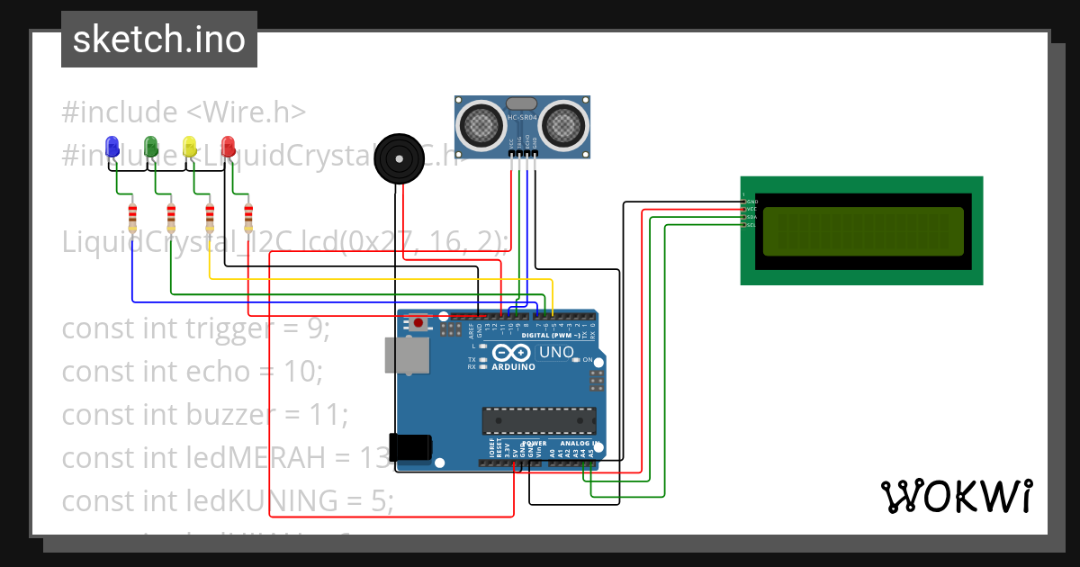 ultrasonic buzzer led lcd reiga - Wokwi ESP32, STM32, Arduino Simulator