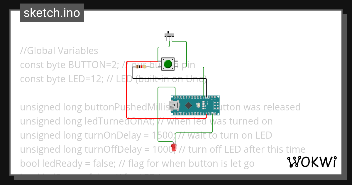 Press delay on and off - Wokwi ESP32, STM32, Arduino Simulator