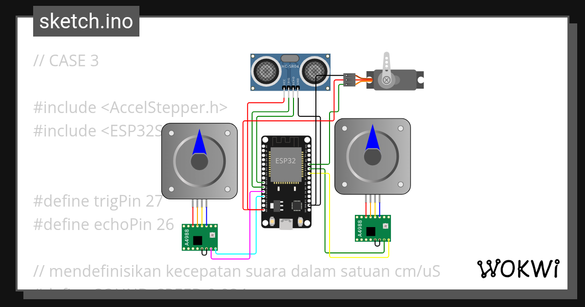 Robotika_Motor dan Ultrasonik_Case 3 Copy - Wokwi ESP32, STM32, Arduino Simulator