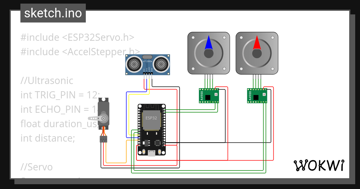 3 motor & sensor ultrasonic - Wokwi ESP32, STM32, Arduino Simulator