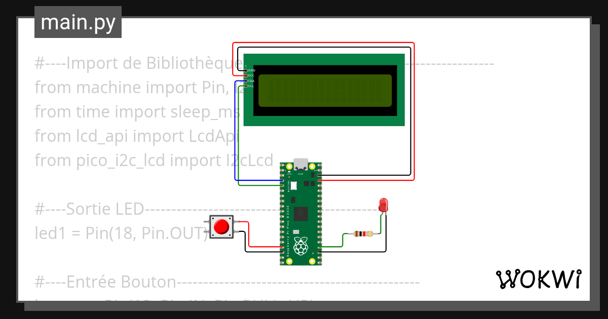 Raspberry Pi Pico - 1 Ecran LCD-1 LED-1 BUTTON on_off_Create caractere - Wokwi ESP32, STM32 ...